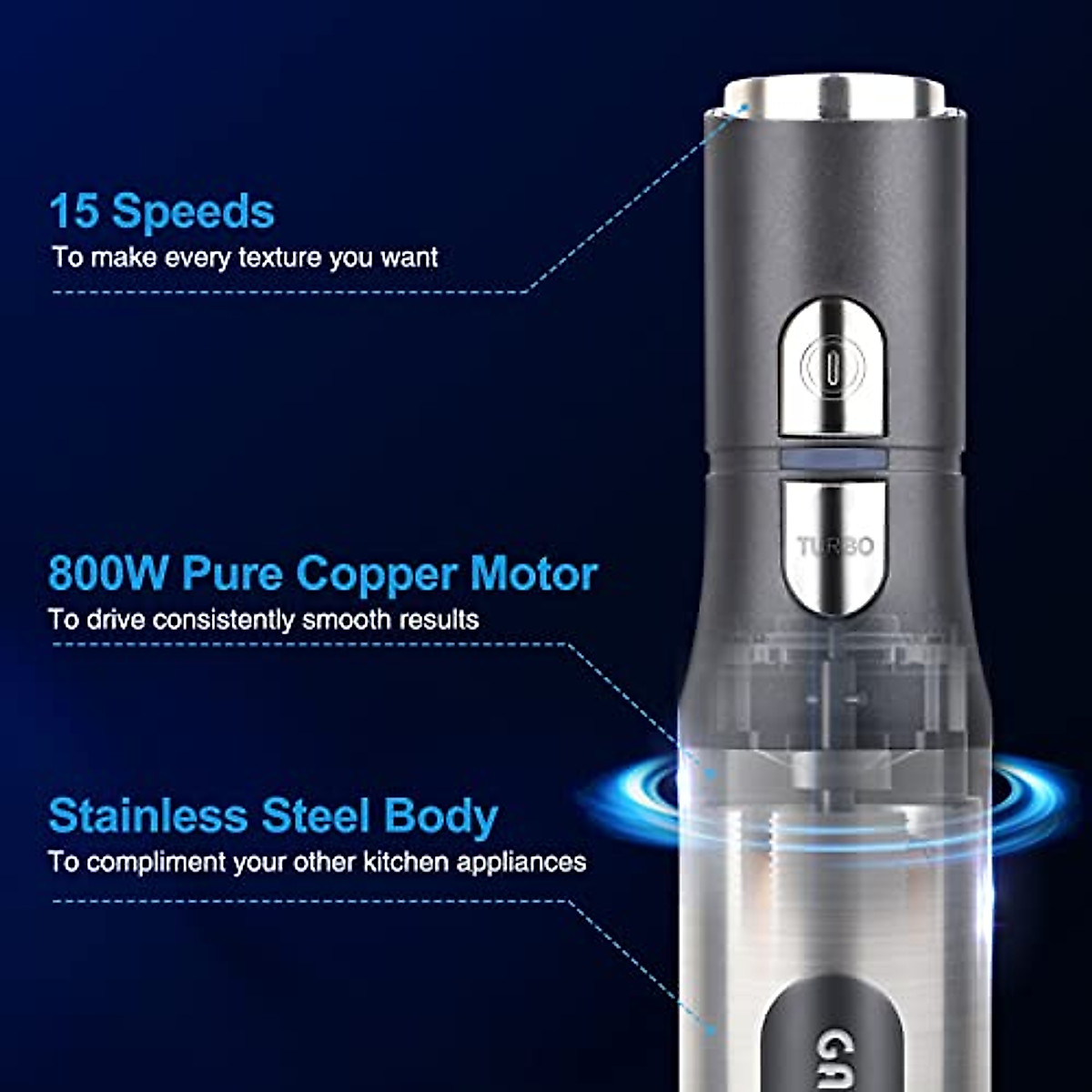 Gavasto Immersion Blender 800 Watts Scratch Resistant Hand Blender,15 Speed and Turbo Mode Hand Mixer, 3-in-1 Heavy Duty Copper Motor Stainless Steel Smart Stick with Egg Beaters and Chopper/Food Processor