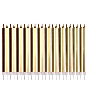 Pfizermay 24 Count Metallic Birthday Candles in Holders Gold Tall Birthday Cake Candles Long Thin Cupcake Candles for Birthday Wedding Party Decoration (Gold)