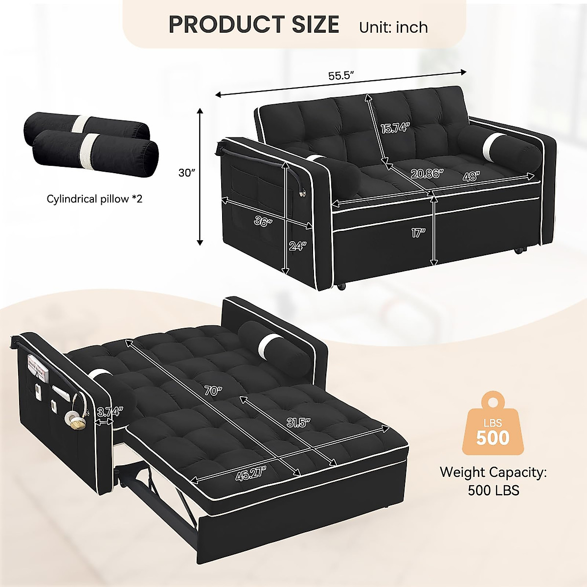 Antetek Upgraded Sleeper Sofa Couch Bed with Phone Holder, 3 in 1 Small Modern Convertible Velvet Loveseat Futon Sofa w/Pullout Bed, Adjustable Backrest for Living Room Apartment, Small Space, Black