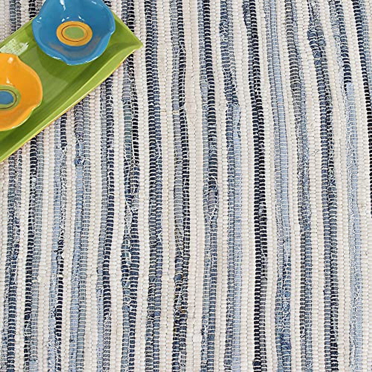 RAJRANG BRINGING RAJASTHAN TO YOU 4' x 6' Reversible Area Rugs Blue Denim Chindi Rag Rug Hand Woven Boho Eco Friendly Recycled Material for Farmhouse Home Decor