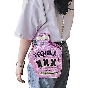 QZUnique Bottle Laser Handbag Tequila PU Sequins Shoulder Bag Embroidery Crossbody Bag Evening Chain Strap Bucket Bag
