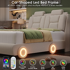 Queen Upholstered Led Bed Frame with Wheels Decor & Adjustable Curved Headboard Modern Car-Shaped Platform Bed with Detachable Pillows Solid Wooden Slats Support No Box Spring Needed, Velvet Beige