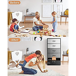 JOINHOM Dresser Storage Tower with 5 Drawers, Fabric Tall Dresser Drawer for Bedroom, Office, Entryway, Living Room and Closet- Sturdy Steel Frame, Easy Pull Bins & Wooden Top