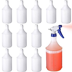 Yiyiring 12 Pcs Chemical Resistant 32 oz Bottles Plastic Leak Proof Embossed Scale Spray Bottles Pair without Industrial Spray Heads for Window Cleaning Car Detailing Lawn Care