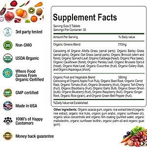 Organic Superfood Greens Fruits and Veggies Complex - Best Dietary Supplement with 14 Greens and 14 Fruits & Vegetables with Alfalfa Rich in Antioxidants Organic Ingredients Non-GMO 60 Tablets