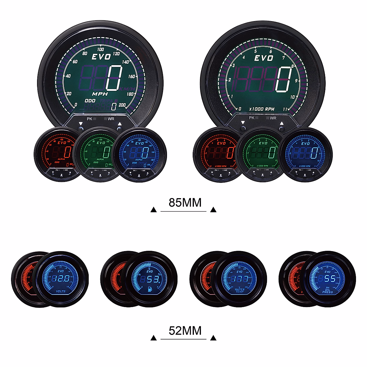 MOTOR METER RACING EVO Series Digital 6 Gauge Set - Blue & Red Switchable LED - 3-3/8" 85mm GPS Speedometer & Tachometer - 2-1/16" 52mm Voltage, Fuel Level, Water Temperature & Oil Pressure