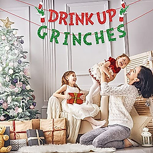 Glittery Drink Up Grinches Banner, Christmas Party Decoration, Christmas Banner for Outdoor Indoor Hanging Decor and Fireplace Xmas Party Holiday Supplies Decoration