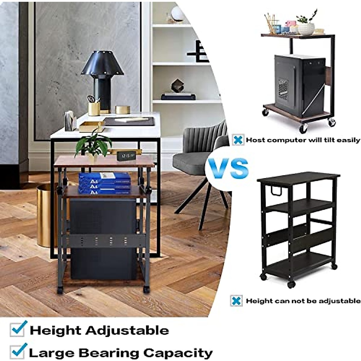 3 Tier Computer Tower Stand Adjustable, PC Tower Stand for Carpet, Height Adjustable Printer Stand with Storage, PC Computer Tower Carts with Wheels, Large Tall Gaming Computer Tower CPU Stand Wood