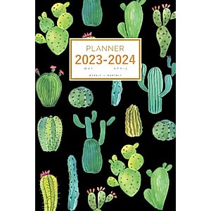 Planner 2023-2024: 6x9 Weekly and Monthly Organizer from May 2023 to April 2024 | Cactus Flower Bird Design Black