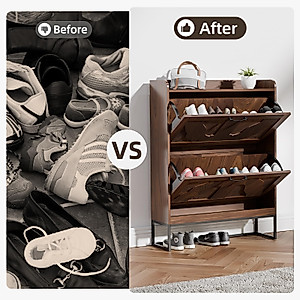 infurnic Shoe Cabinet with 2 Flip Drawers, Narrow Shoe Storage Cabinet for Entryway, Freestanding Organizer Shoe Rack Cabinet for Front Door Entrance Hallway Foyer Living Room, Walnut
