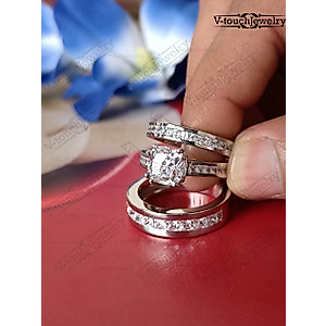 V Touch 14K White Gold Plated 925 Sterling Sliver 3 Piece Wedding His Engagement & Her Band Rings Sets Cushion & Princess Cut Created Diamond for Couple Mens and Women Trio Ring Set