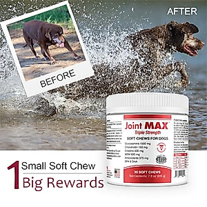 PHS Joint MAX Triple Strength (TS) Soft Chews for Dogs - Glucosamine, Chondroitin, MSM, Turmeric, Omega 3 - Hip and Joint Pain Relief and Support for Dogs - Made in USA - 30 Soft Chews