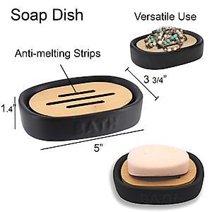 Bath D Soap Dish Cup Dispenser Black and Bamboo Tray