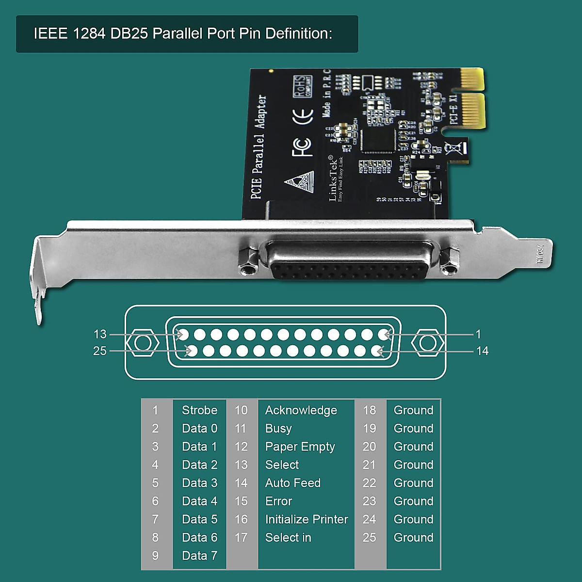 LinksTek 1-Port PCI Express Parallel Card for Printers, IEEE 1284 Standard DB25 LPT PCIE Parallel Port, Supports IEEE 1284 SPP, Nibble, Byte and ECP Mode, PCIE DB25 Parallel Port Card (PCIE-PA1)