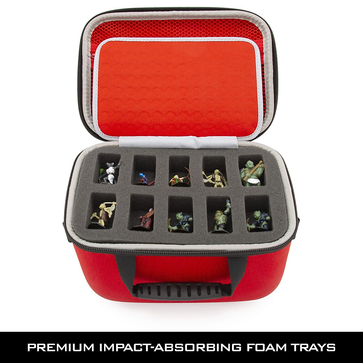 CASEMATIX Miniature Storage Hard Shell Figure Case - 30 Slot Figurine Carrying Case with Adjustable Shoulder Strap and Accessory Storage for Warhammer 40k, DND and More, Red