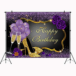 Aperturee 7x5FT Sweet Purple Happy Birthday Backdrop Rose Shiny Sequin High Heels Champagne Golden Frame Glasses Photography Background Party Decorations Adults Women Photo Booth Props Banner