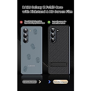 BAILI Galaxy Z Fold5 Case with Kickstand,Carbon Fiber Finish and Glass Back Z Fold5 Cover with HD Screen Film,Support Wireless Charging Shell for Samsung Galaxy Z Fold5-Blue