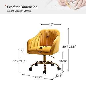 HULALA HOME Modern Velvet Home Office Desk Chair with Gold Base & Channel Back, Upholstered Swivel Computer Task Chair for Bedroom, Height Adjustable Cute Vanity Chair for Women Girls, Mustard