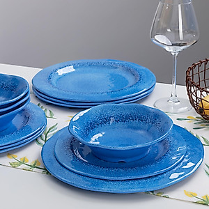 LEHAHA Melamine Dinnerware Sets, Dishes Sets for 4, 12 Piece Plates and Bowls Sets, Unbreakable BPA Free Reactive Blue Ceramic Design Plates Set for Indoor and Outdoor Use, Dishwasher Safe