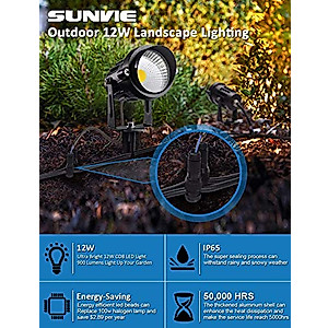 SUNVIE 12W Low Voltage LED Landscape Lights with Connectors, Outdoor 12V Super Warm White (900LM) Waterproof Garden Pathway Lights Wall Tree Flag Spotlights with Spike Stand (12 Pack with Connector)