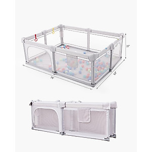 Baby Playpen Playard Foldable, Extra Large Playpen for Babies and Toddlers, Safe Sturdy Baby Fence Play Area with Gate, Removable Bottom, 79 x 59 x 27 Inches, Grey