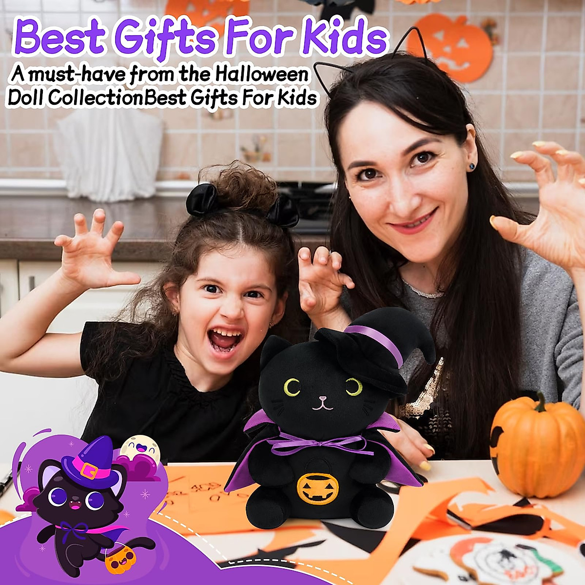 KOPHINYE Halloween Plush Black Cat Plush - 9inch Halloween Black Cat Stuffed Animal Witch Cat Plushie - Cute Halloween Stuffed Toys Decorations Halloween Plushies Gift for Kids