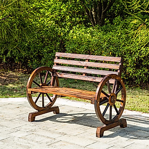 Mavalous Wagon Wheel Bench Outdoor, 2 Person Seat Rustic Wood Patio Benches with Backrest for Outdoor Brown
