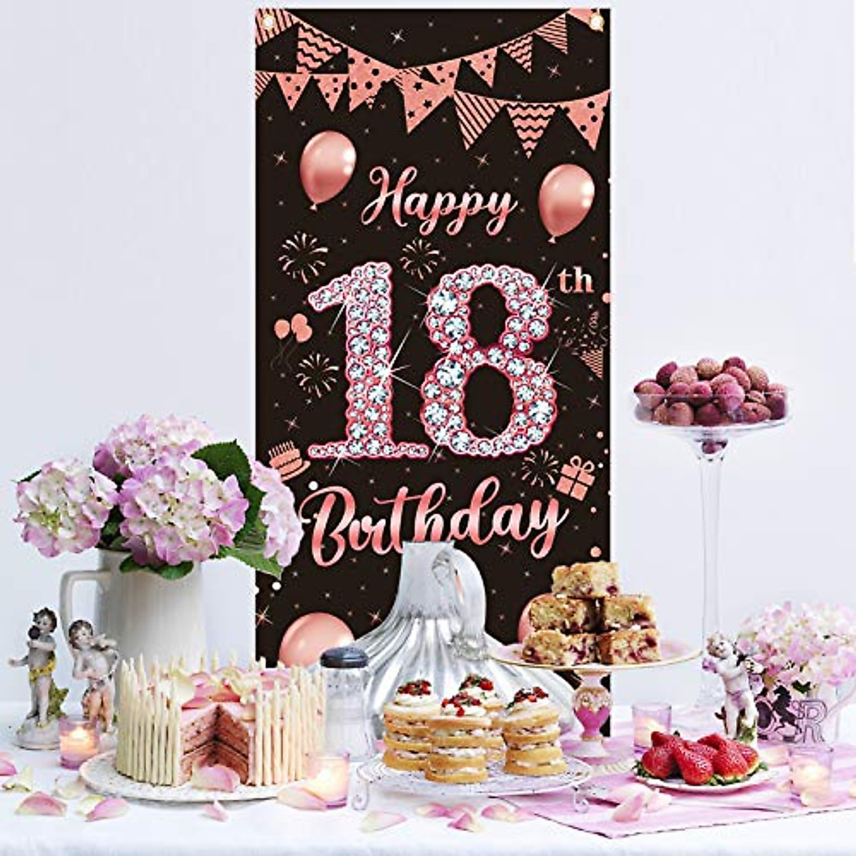 Lnlofen 18th Birthday Door Banner Decorations for Girls, Large 18 Year Old Birthday Party Door Cover Backdrop Supplies, Happy Eighteen Birthday Poster Sign(Rose Gold)
