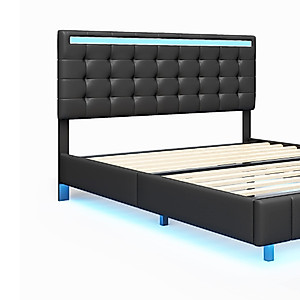 Merax Modern Tufted Floating Plattform Bed with LED Lights and USB Charging, Queen Bed Frame with Headboard, No Box Spring Needed, Black