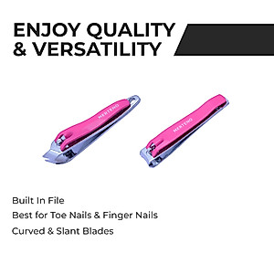 Professional Nail Clippers Set 3 Pack Premium Sharp Stainless Steel Fingernail & Toenail Clippers with Sturdy Travel Tin Case, Professional Manicure Kit Fingernail Tools for Nail Care (Pink/Silver)