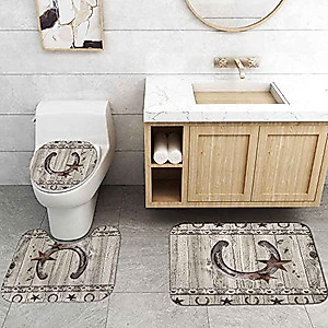 Camille&Andrew 4PCS Western Shower Curtain Set, Horseshoe Texas Star Barn Star Wooden Barn Door Country Rustic Farmhouse Bathroom Decor, Waterproof Fabric Shower Curtain, Non-Slip Bath Mat Toilet Rug