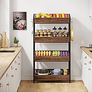 Tribesigns 4-Tier Wood Utility Storage Shelves, Fruit and Vegetable Basket Stand for Kitchen, Office, Store, Supremarket, Pantry Shelf Unit for Snacks, Cookies, Candies, Vintage Brown