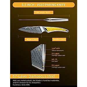 SANMUZUO 3.5 inch Paring Knife, Japanese VG-10 Damascus Steel Kitchen Knife, Ultra Sharp Fruit Knife with Full-tang Handle in Yellow Resin, LA-S9 Series