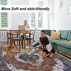 Washable Rug Living Room Rugs: 8x10 Area Rug Large Boho Medallion Distressed Carpets Indoor Soft Floor Anti Slip Carpet for Under Dining Table Bedroom Farmhouse Home Office - Blue/Orange Brown