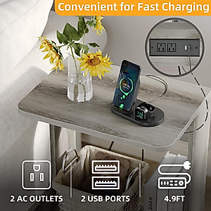 GYIIYUO Nightstands Set of 2 with Charging Station, Bedside Tables with Open Wood Shelf, End Table with Solid Wood Feet, Solid Wood Side Table for Bedroom, Small Spaces, Grey