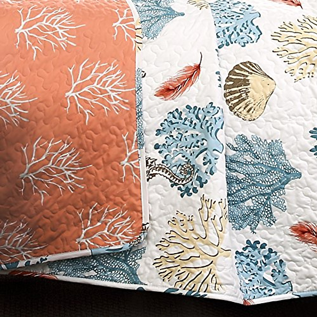 Lush Decor Full Queen-Blue and Coral Coastal Reef Quilt-Reversible 7 Piece Bedding Set with Feather Seashell Design