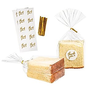 Cherodada 6"x 9" 100 Pcs Clear Cellophane Treat Bags with Thank You Stickers and Twist Ties, Bottom Gusset Bags Gift Bags for Small Party Favor Packaging, Small Gift Wrapping, Food Storage