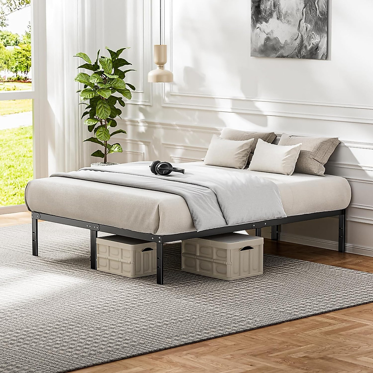 DUMOS Bed Frame - Queen Size Platform Bed Frame Metal Mattress Foundation with Steel Slat Support, No Box Spring Needed, Storage Space Under Frame, Easy Assembly, Black