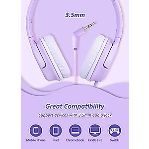 DyBaxa Kids Headphones Wired, Foldable On Ear Headset, Volume Limiter 94dB, Over-Ear Headphones for Kids School Online Classes Travel Children, 3.5mm Jack Compatible Smartphones Tablet, Purple