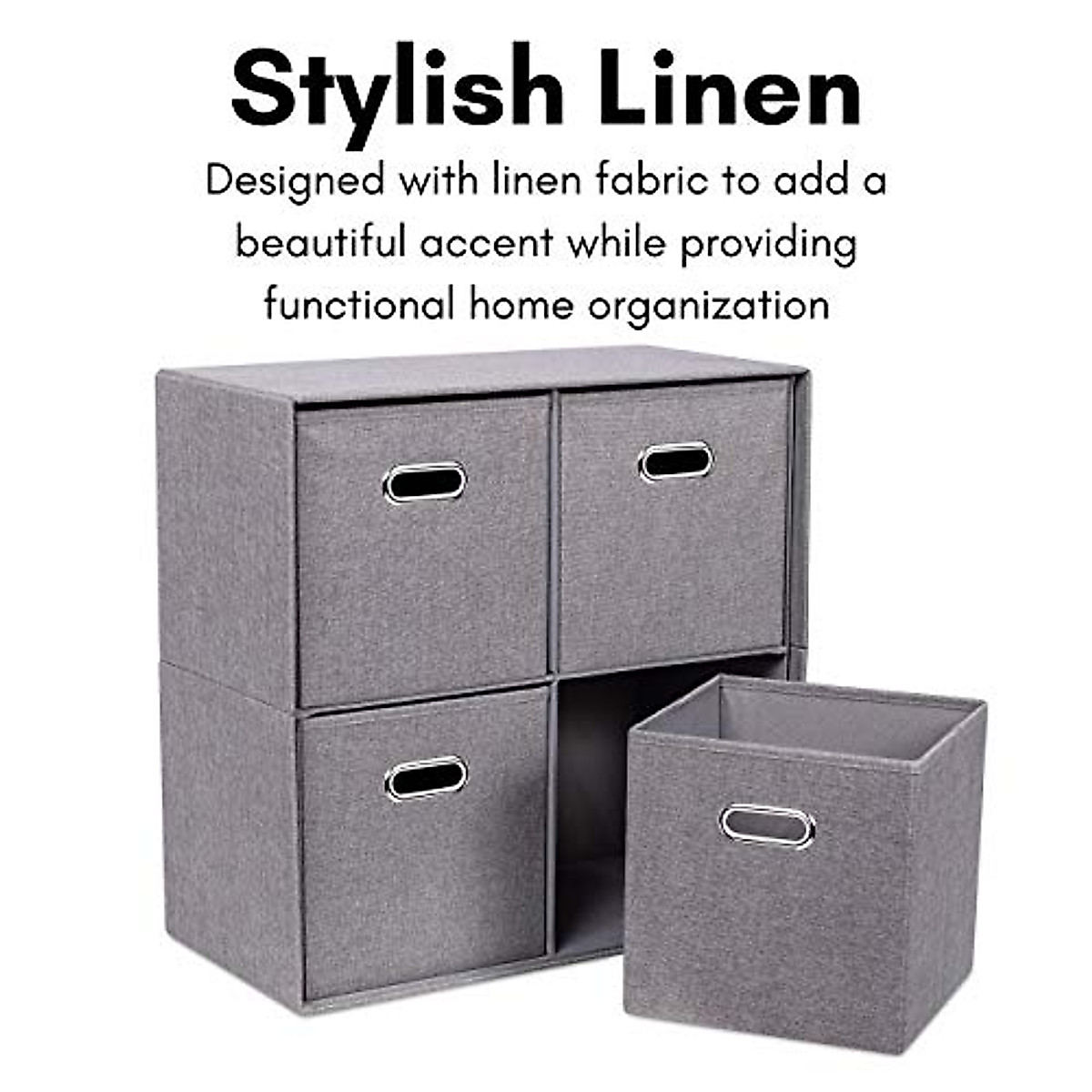 BIRDROCK HOME Grey Linen Cube Organizer with 4 Storage Bins – Collapsible Fabric Shelves and Cubes