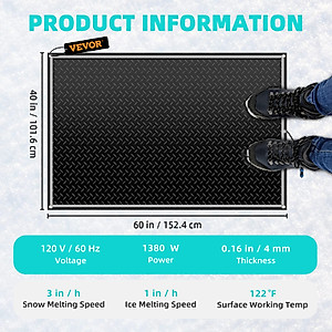 VEVOR Snow 30 x 48 inch, 3 in/h Melting Speed, Heated Outdoor Mats for Winter Entrances, No-Slip Rubber w/Plug, Power Cord, Outlet Timer, Reflective Strip, Velcro, Ground Stake, Black