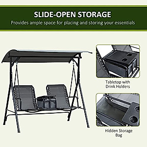 Outsunny 2-Seat Patio Swing Chair, Outdoor Canopy Swing Glider with Pivot Storage Table, Cup Holder, Adjustable Shade, Bungie Seat Suspension and Weather Resistant Steel Frame, Grey