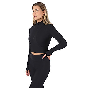 90 Degree By Reflex Womens Interlink Ribbed Half Zip Long Sleeve Crop Top Jacket - Black - Medium