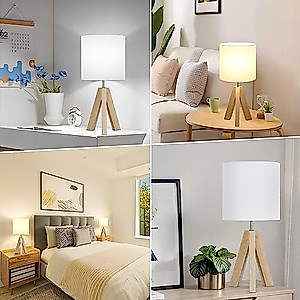 Small Beside Table Lamp, Wood Tripod Table Lamp with White Fabric Shade, Cute Boho Nightstand Lamp, Minimalist Desk Lamp for Bedroom, Living Room, Nursery, Kids Room, Office, Dorm, Bulb Not Included