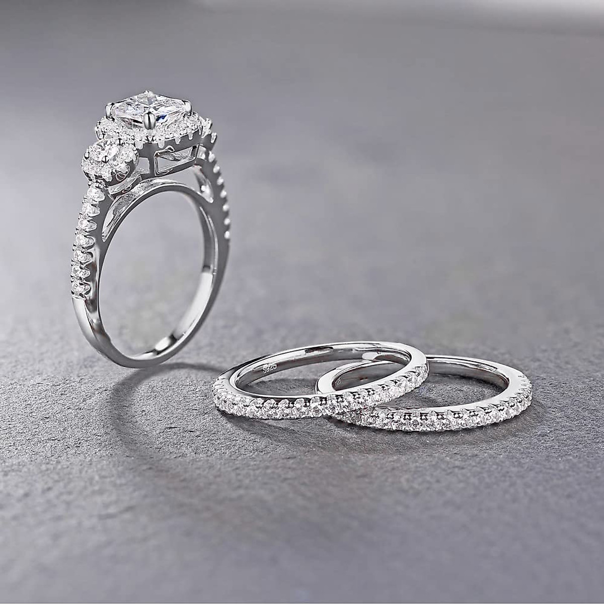 3 Piece Halo Wedding Ring Set for Women Bridal Ring Set 1Ct Center Cushion Cut Moissanite Engagement Ring Set Platinum Plated Silver Anniversary Promise Rings size9