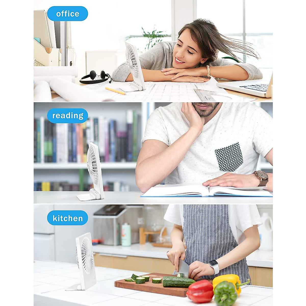 Zuvas Desk Fan Battery Operated , Rechargeable 180°Tilt Folding Personal Ultra Quiet Small Portable Fan 3 Speed Adjustable Strong Wind USB Fan For Office Bedroom Home Desktop Camping (White)