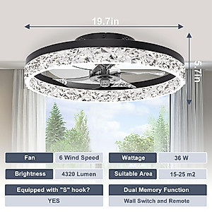 VOLISUN Low Profile Ceiling Fan with Lights and Remote, 19.7in Modern Ceiling Fans Flush Mount, 3000K-6500K Dimmable Bladeless LED Fan Light, Black Fandelier Ceiling Fans with Lights for Bedroom