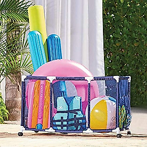 Modern Blue Rolling Pool Toy Storage Cart Bin - 42 Inch L x 24 Inch D x 26 Inch H - Easier Height For Kids Reach - Pool Float Storage Organizer