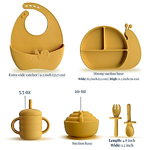 Tumtots - Premium Quality Silicone Baby Feeding Set & Baby Led Weaning Supplies Attractive Self Feeding Design with Strong Suction Plate & Suction Bowl, Stylish Bib, Sippy Cup, Spoon & Fork Utensils