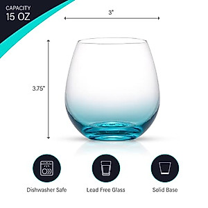 JoyJolt HUE Stemless Wine Glass Set. Large 15 oz Stemless Wine Glasses Set of 6. Short Wine Tumblers for White Wine Glasses, Red Wine Glasses, Water Glasses, No Stem Margarita Glasses, Colored Tumbler